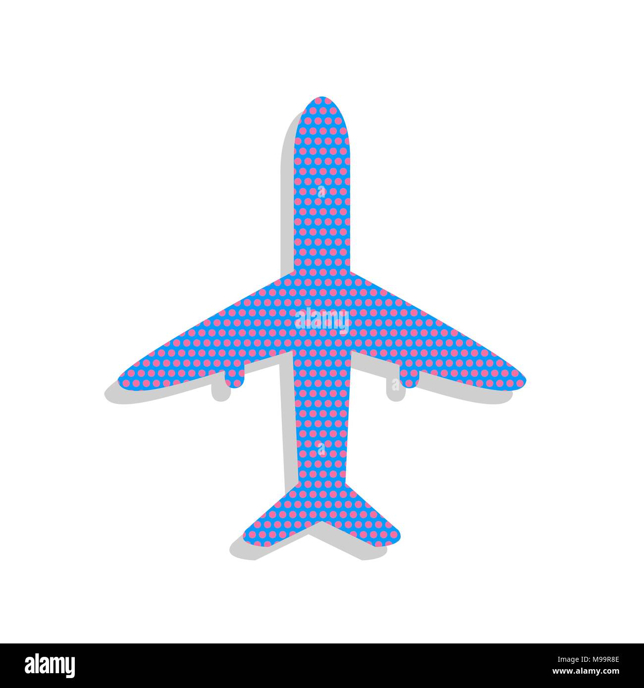 Airplane sign illustration. Vector. Neon blue icon with cyclamen polka ...
