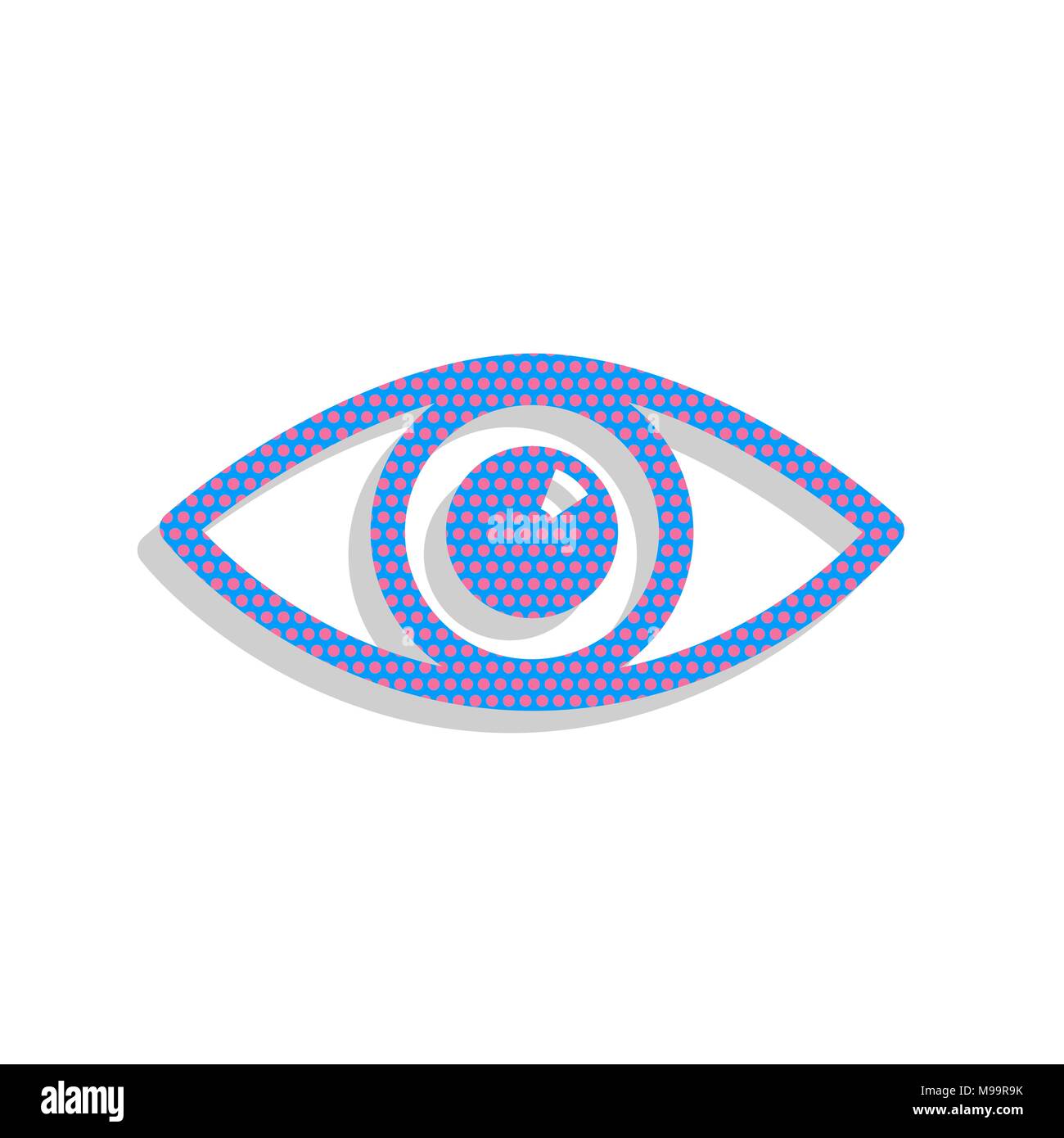 Eye sign illustration. Vector. Neon blue icon with cyclamen polka dots ...