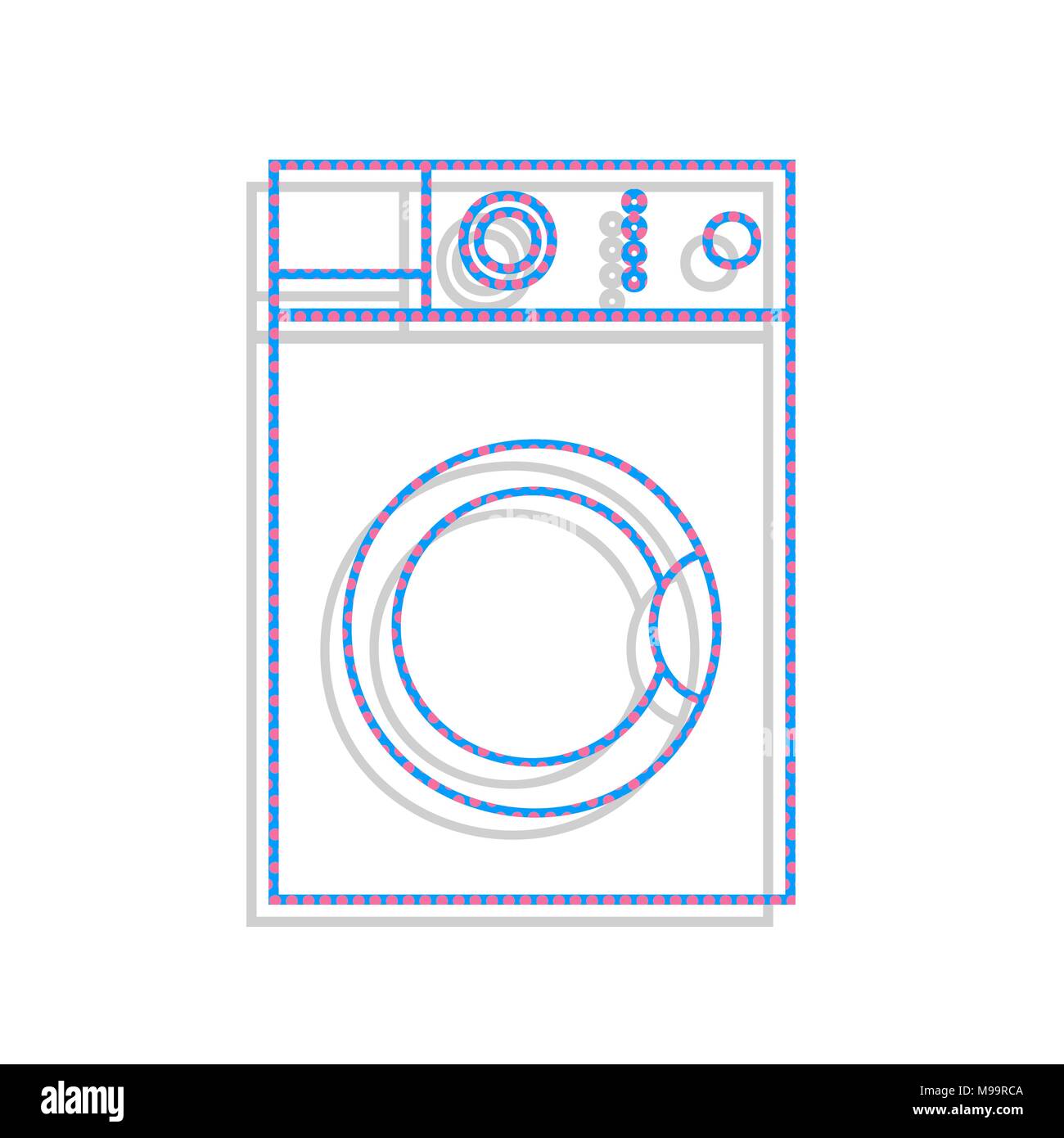 Washing machine sign. Vector. Neon blue icon with cyclamen polka dots ...
