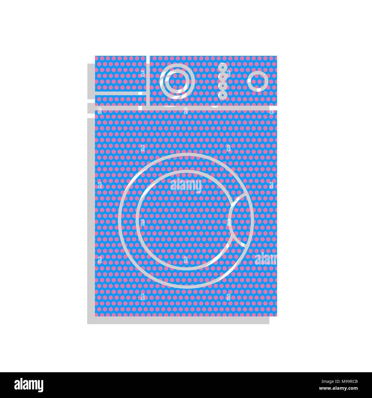 Washing machine sign. Vector. Neon blue icon with cyclamen polka dots ...