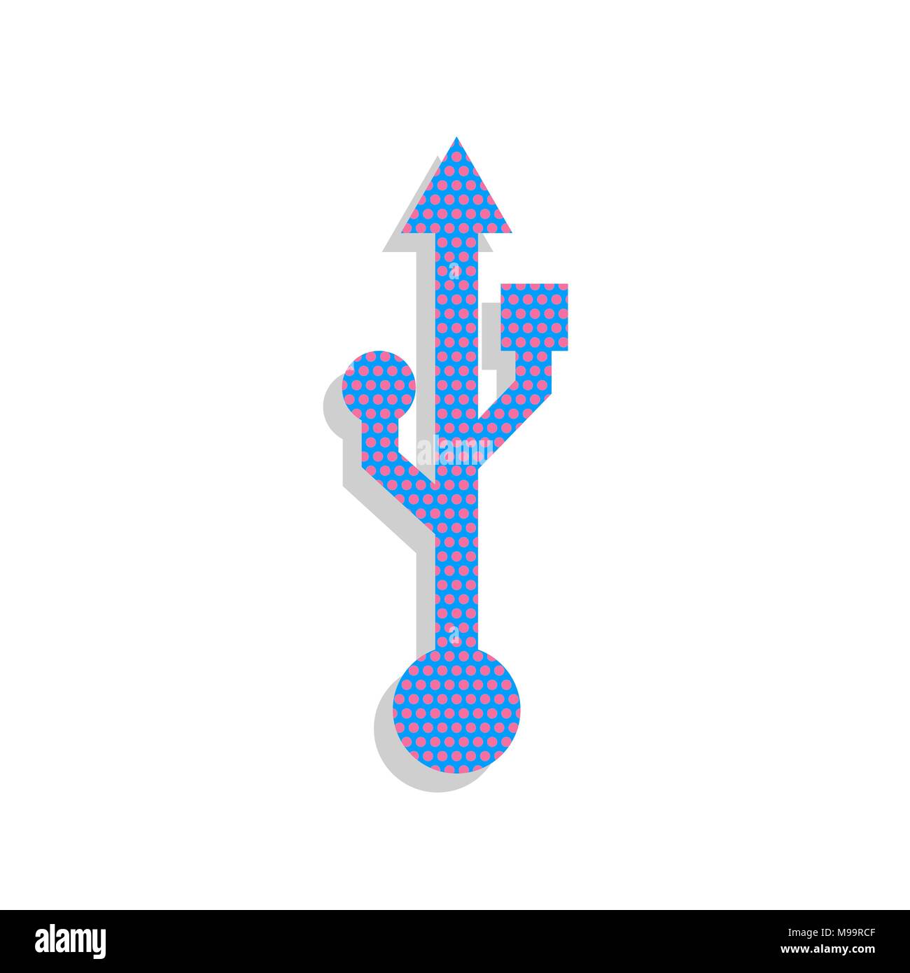USB sign illustration. Vector. Neon blue icon with cyclamen polka dots ...