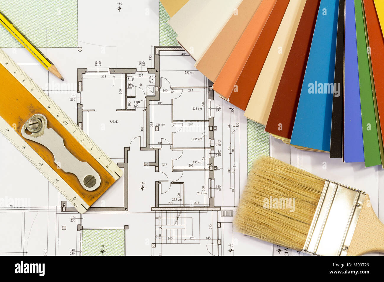 color chart and brush with residential building project Stock Photo - Alamy