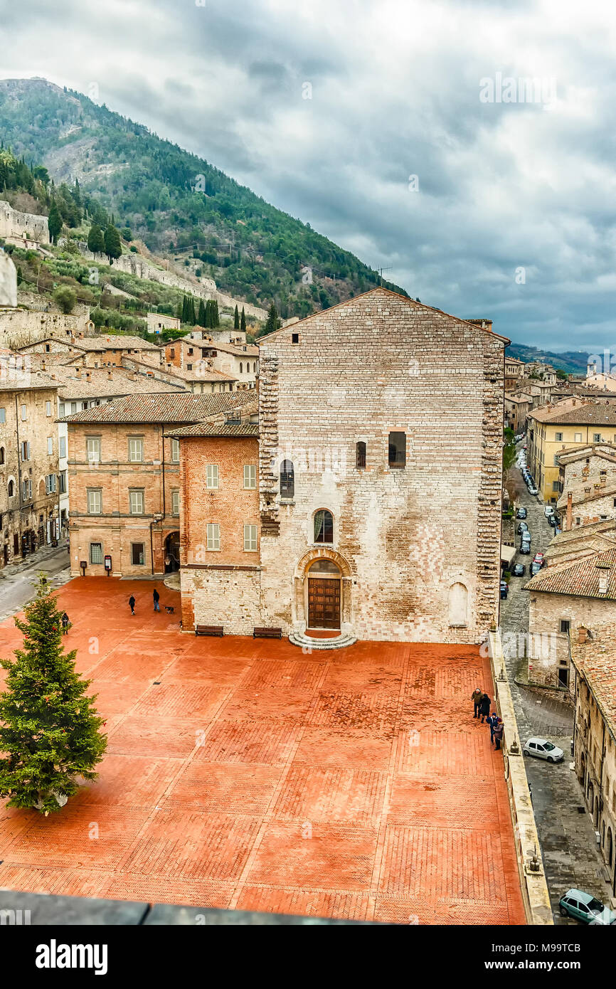 Aerial view of Piazza Grande, scenic main square in Gubbio, one of the ...