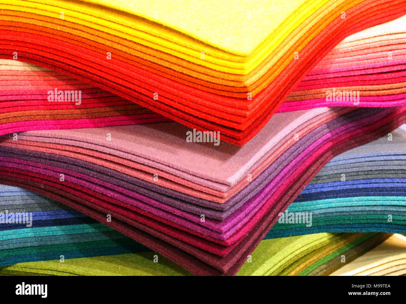 many pieces of colored felt on sale in the haberdashery shop. Felt ...