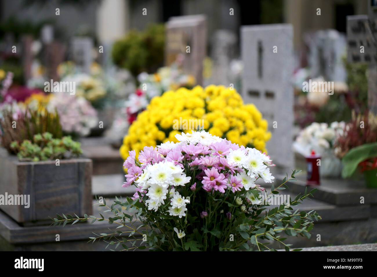 yellow and white flowers on the grave of a cemetery to remember a dead ...
