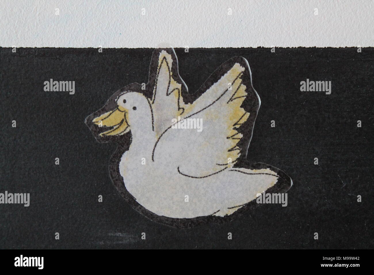 Black wall with paint of flying animated duck. Architecture modern ...