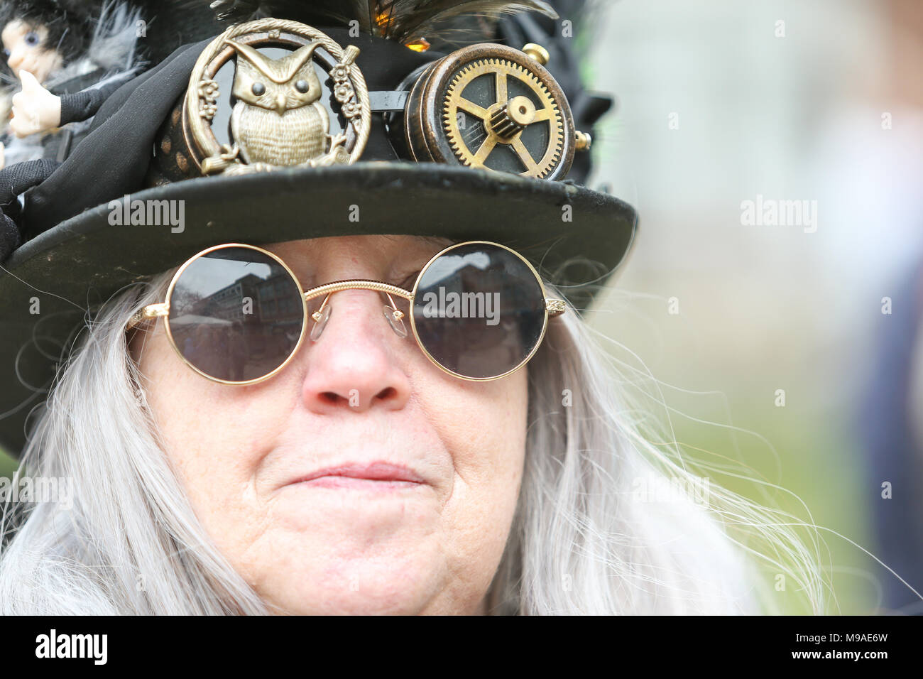 Person dressed in steampunk clothes. Steampunk is a style of fashion ...