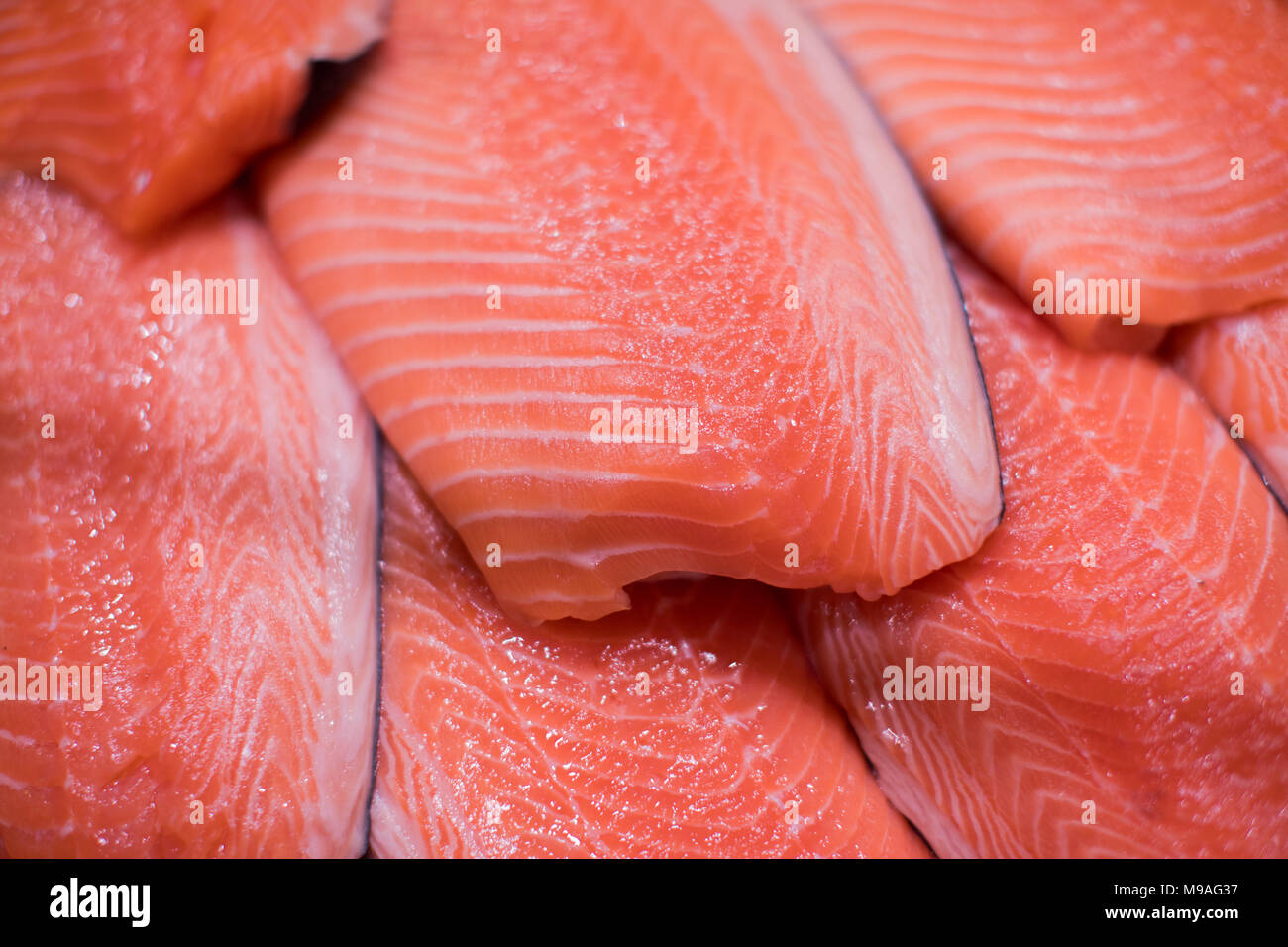 21 March 2018, Germany, Duesseldorf: A view of salmon in an Edeka store ...
