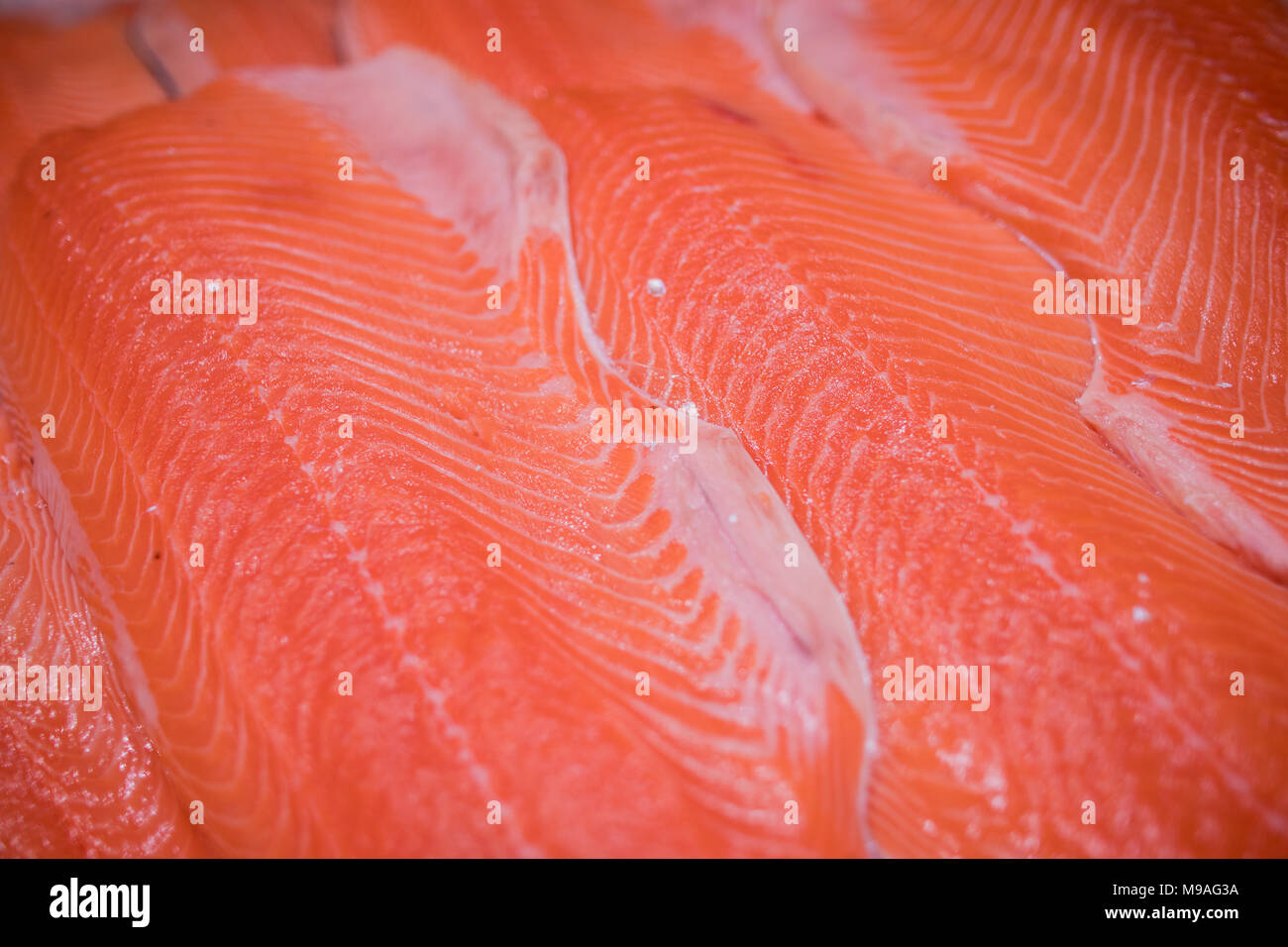 21 March 2018, Germany, Duesseldorf: A view of salmon in an Edeka store ...