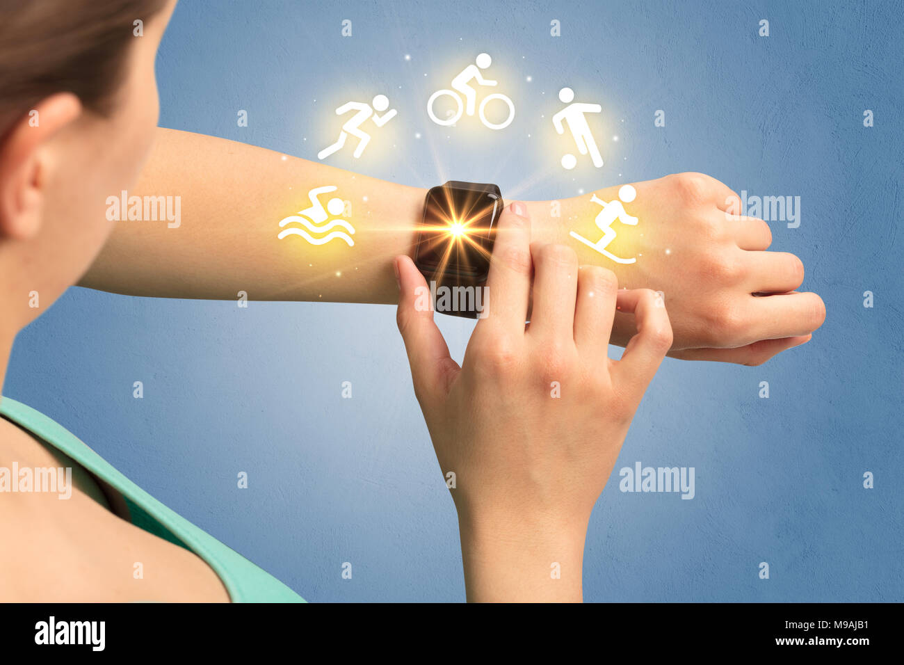 Female hand with smartwatch and sport concept Stock Photo - Alamy