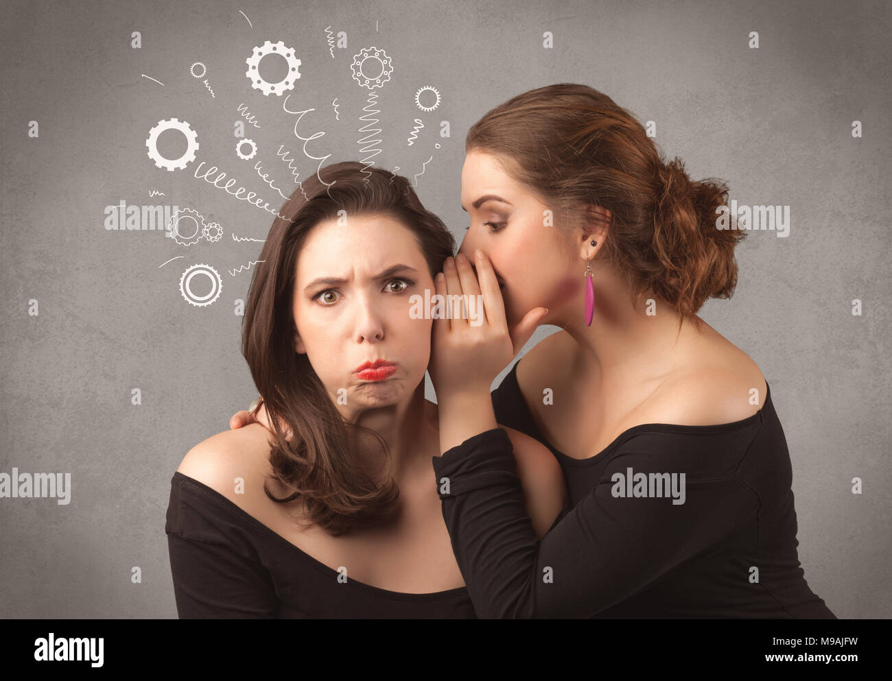 Two Girlfriends In Elegant Black Dress Sharing Secrets With Each Other