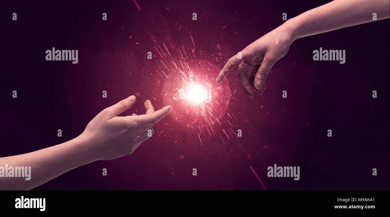 White caucasian male hands reaching out with fingers almost touching in ...