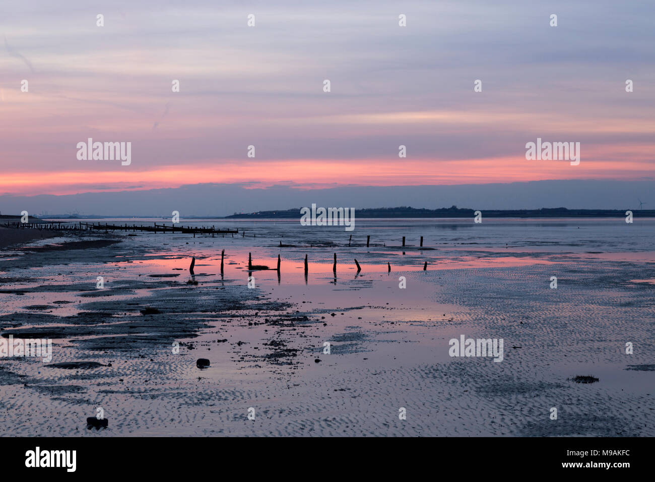 Pink sunset on Seasalter beach, Whitstable, Kent, UK, March 2018 with a ...