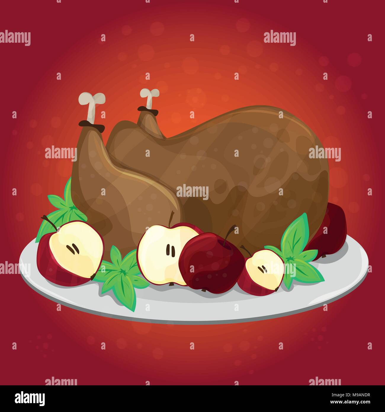 Thanksgiving day. Greeting card with turkey, apples - Vector cartoon ...