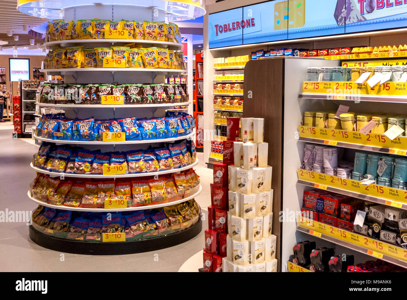 Displays of huge amounts of sweet sugary products at the airport Stock ...