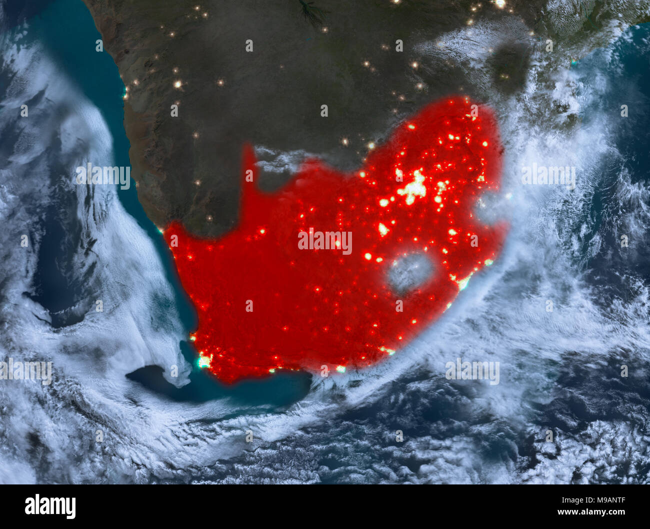Country of South Africa in red on planet Earth with clouds at night. 3D ...