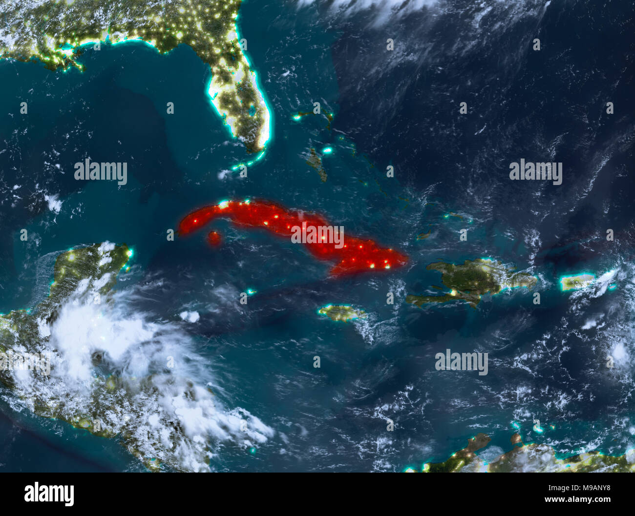 Country of Cuba in red on planet Earth with clouds at night. 3D ...