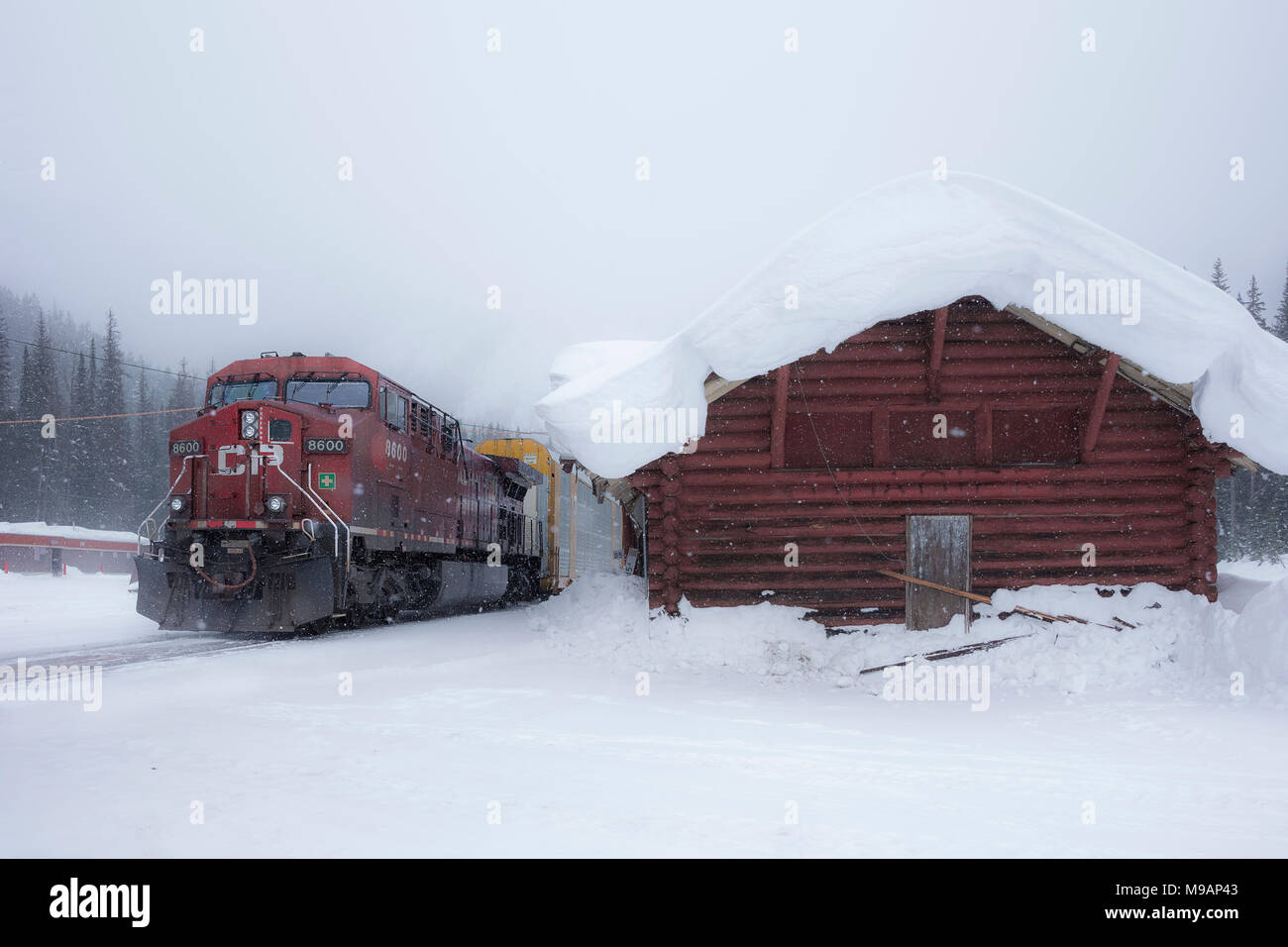 Cpr Loco 8600 Pushes Intermodal Train Past Rogers Pass Glacier Station In Falling Snow British