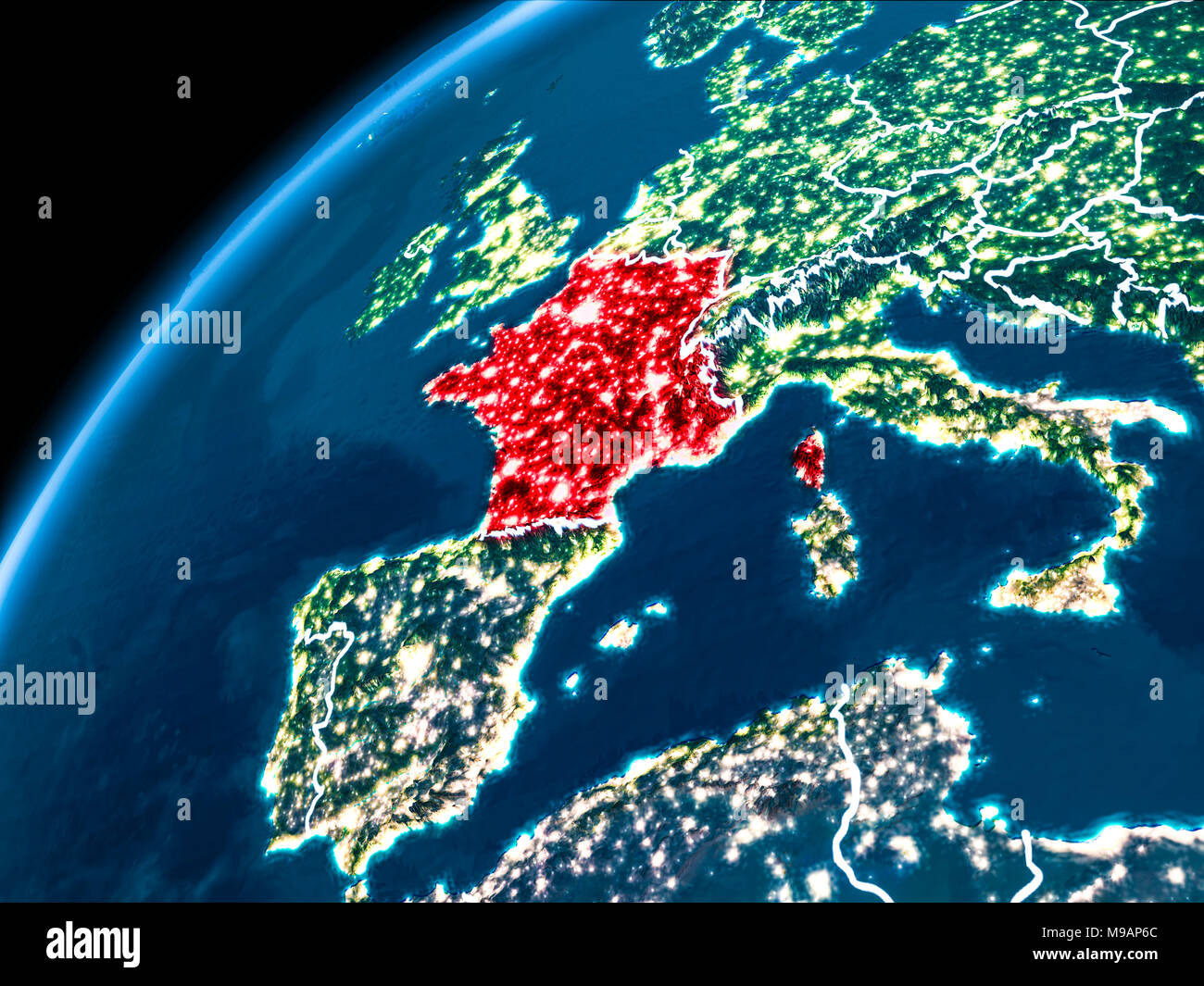 France highlighted in red from Earth’s orbit at night with visible ...