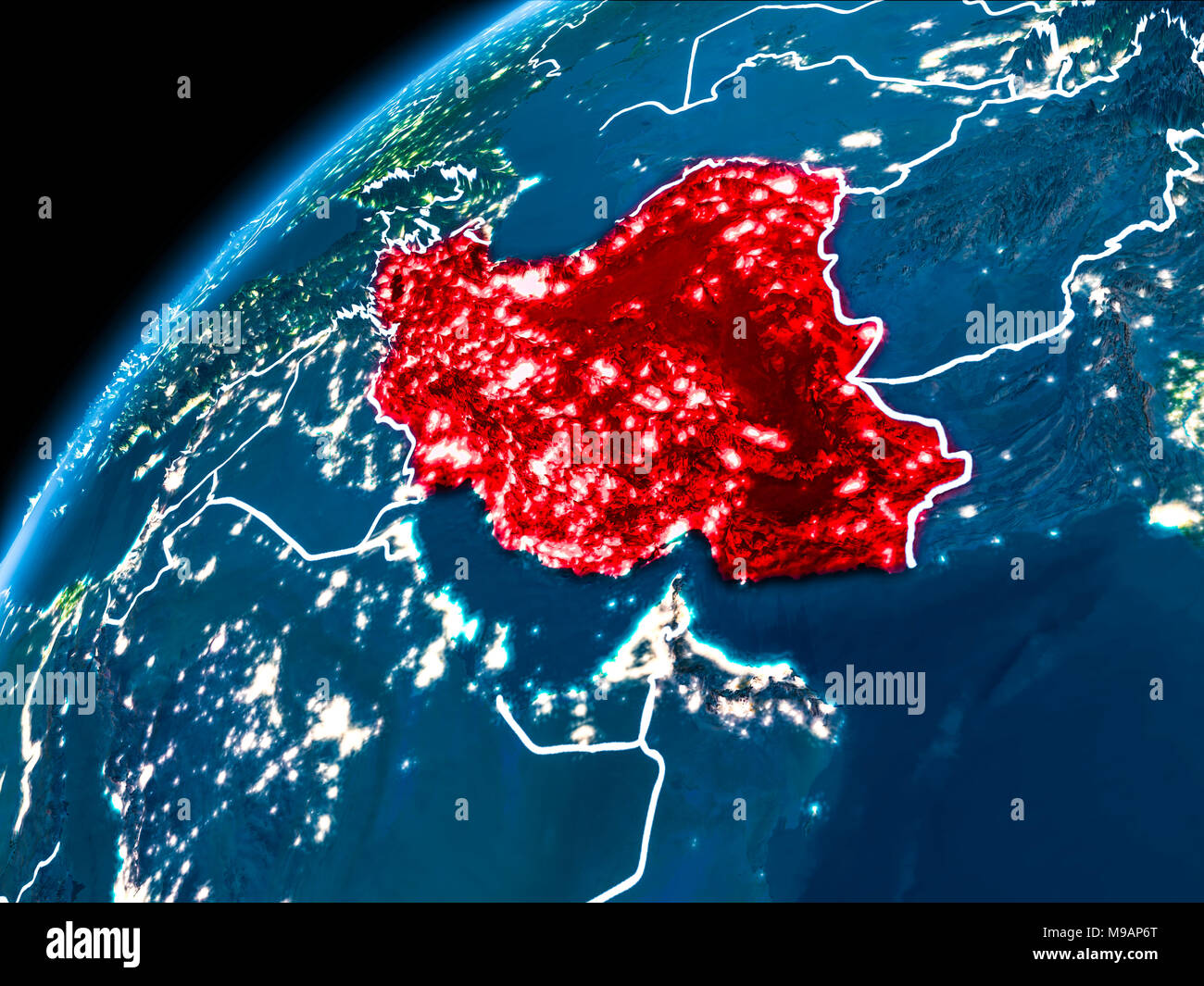 Iran highlighted in red from Earth’s orbit at night with visible ...