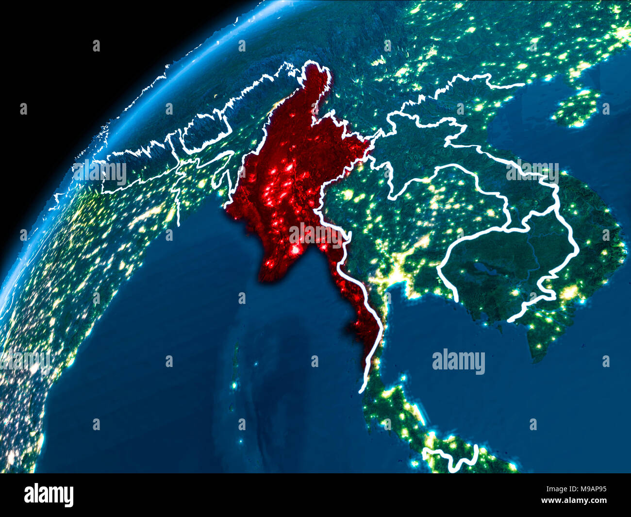 Myanmar highlighted in red from Earth’s orbit at night with visible ...