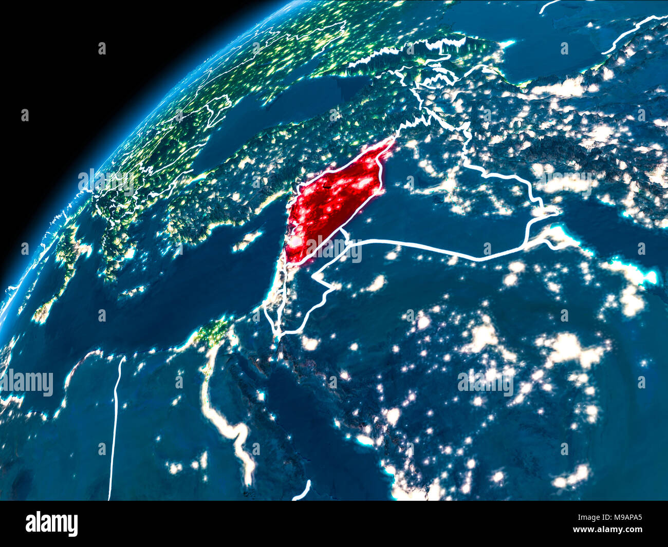 Syria highlighted in red from Earth’s orbit at night with visible ...