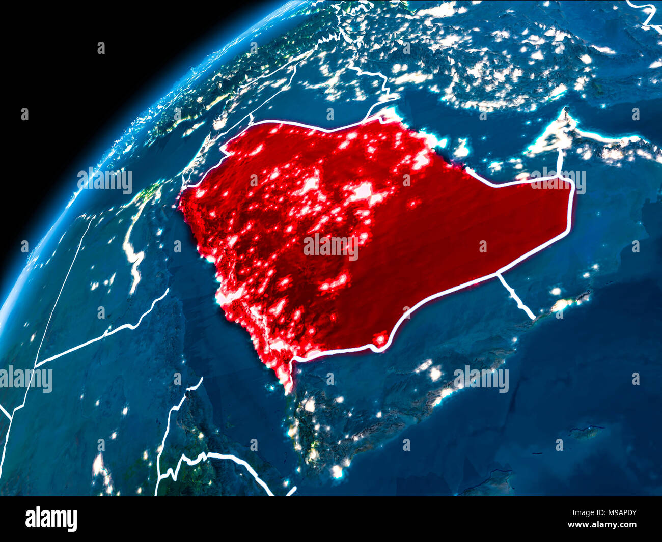 Saudi Arabia highlighted in red from Earth’s orbit at night with ...