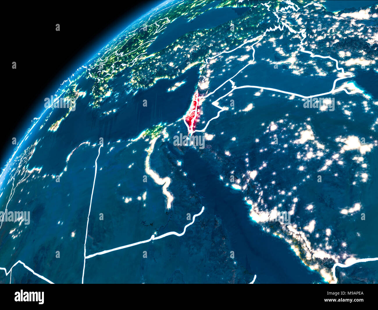 Israel highlighted in red from Earth’s orbit at night with visible ...
