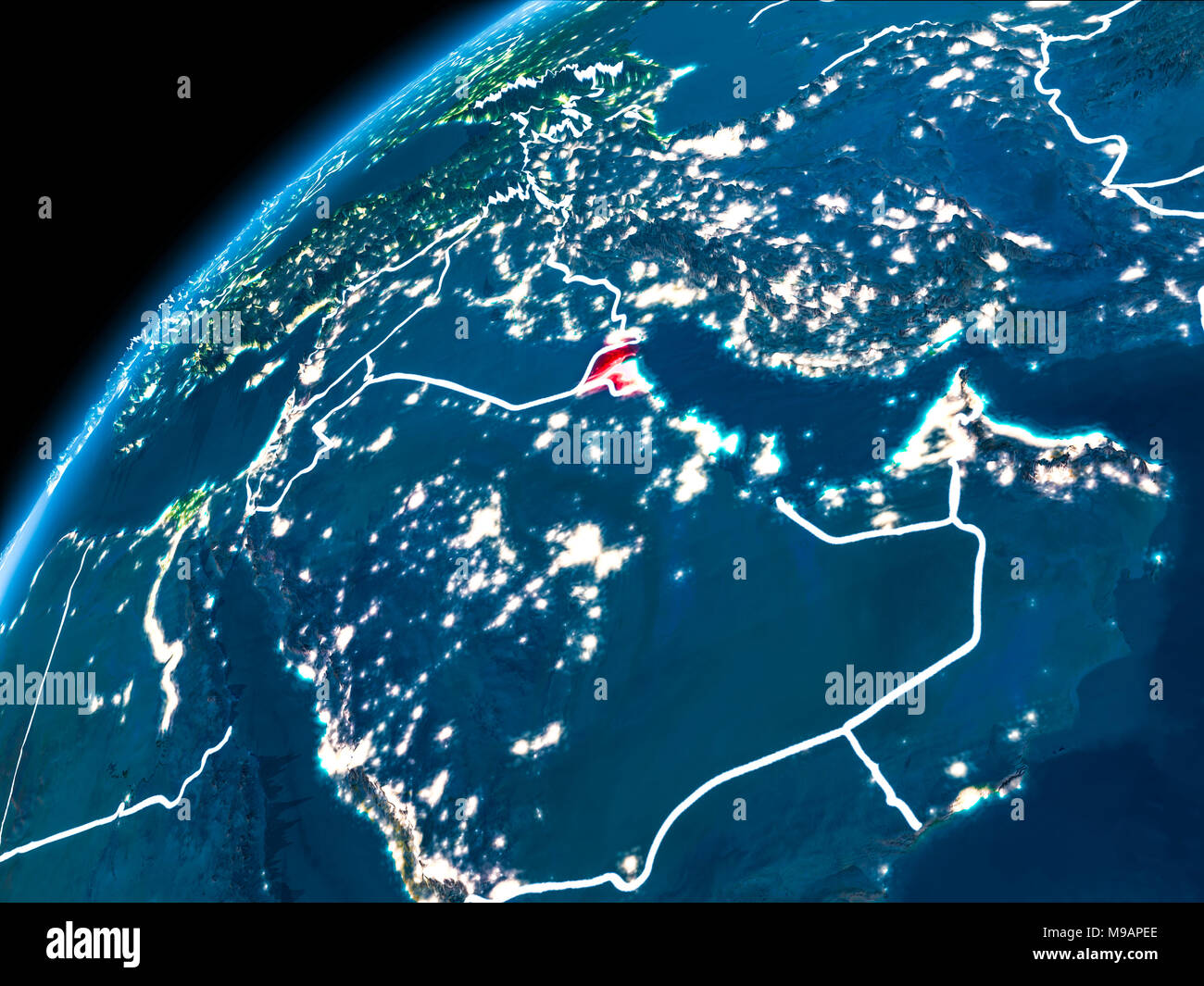 Kuwait highlighted in red from Earth’s orbit at night with visible ...