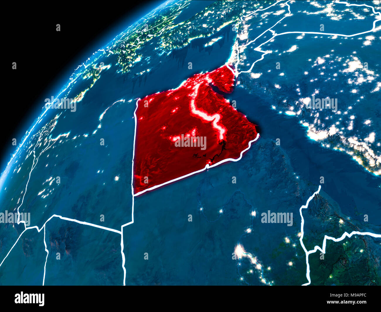 Egypt highlighted in red from Earth’s orbit at night with visible ...