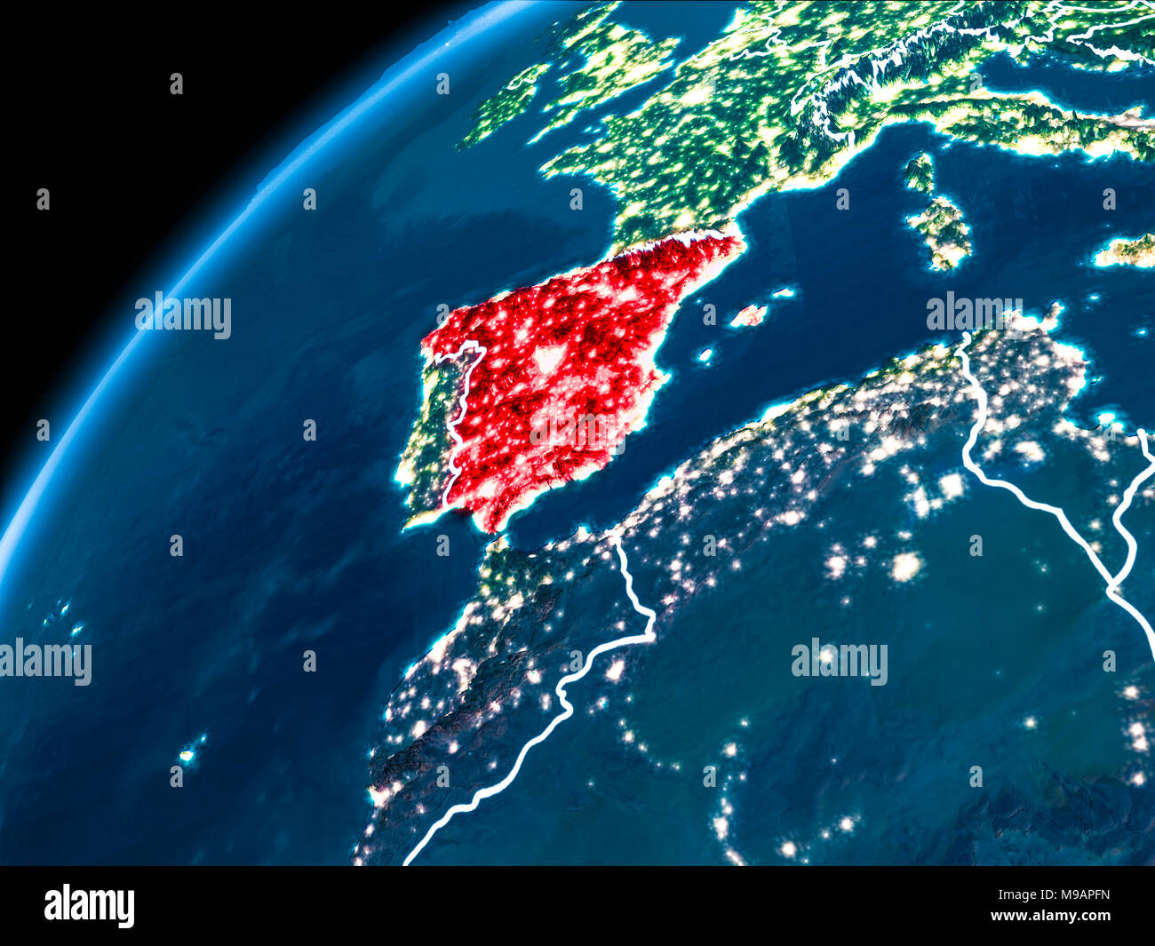 Spain highlighted in red from Earth’s orbit at night with visible ...