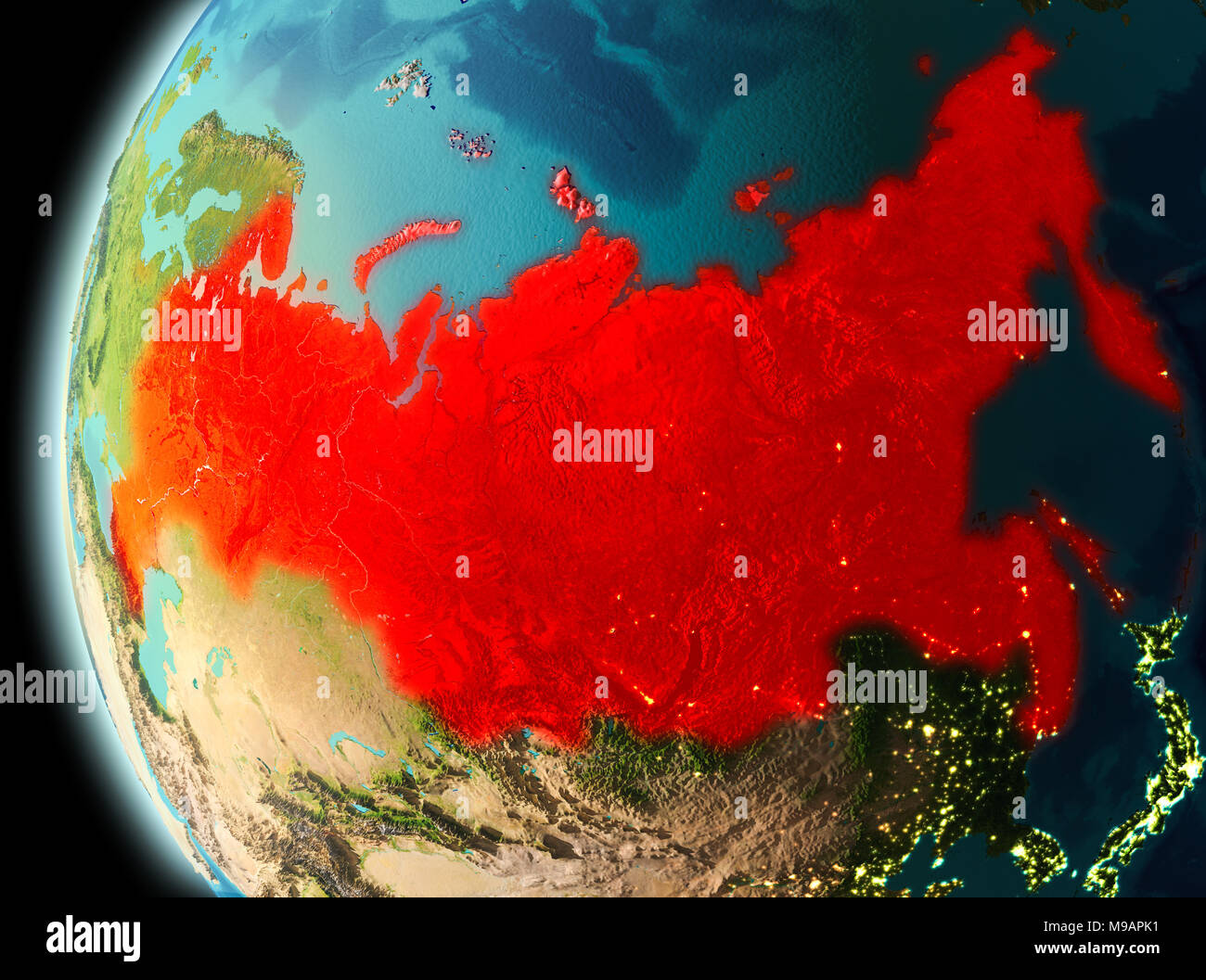 Illustration of Russia as seen from Earth’s orbit in late evening. 3D ...