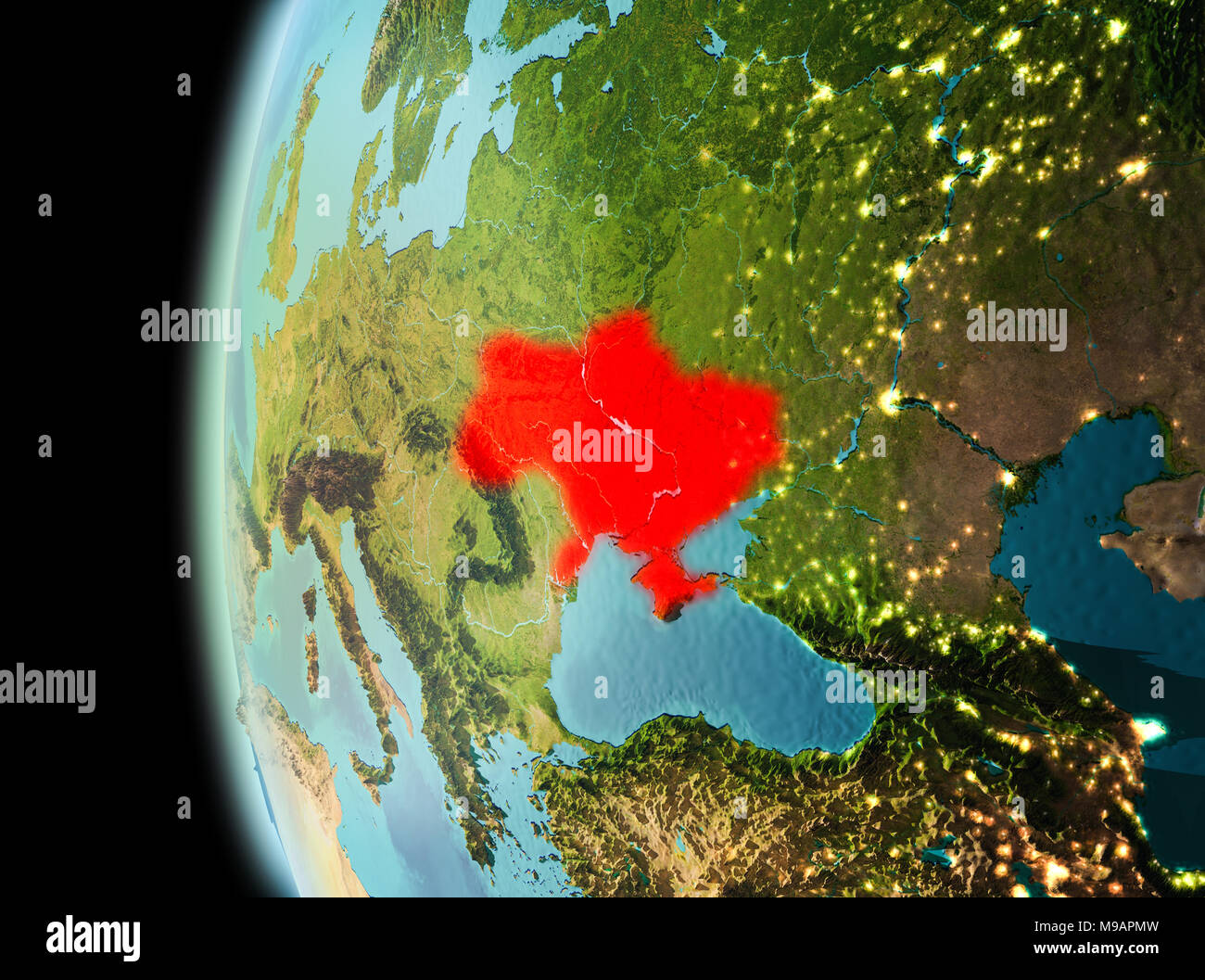Illustration of Ukraine as seen from Earth’s orbit in late evening. 3D ...
