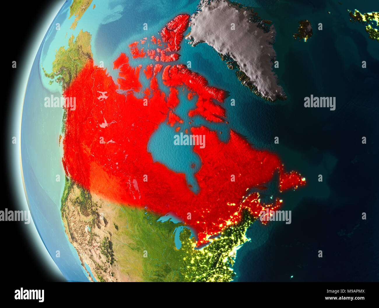Illustration of Canada as seen from Earth’s orbit in late evening. 3D ...