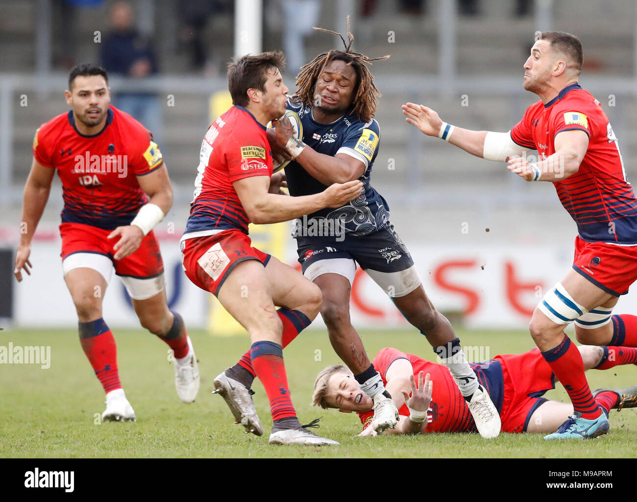 Sale Sharks' Marland Yarde is tackled by Worcester Warriors' Dean ...