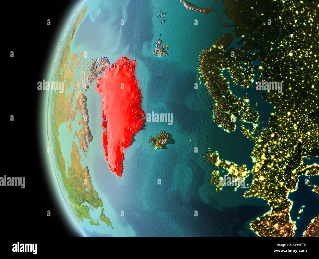 Illustration of Greenland as seen from Earth’s orbit in late evening ...