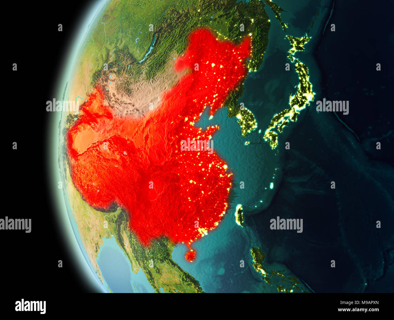 Illustration of China as seen from Earth’s orbit in late evening. 3D ...