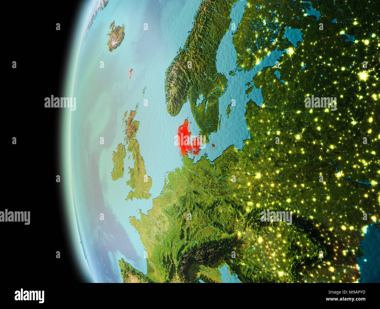 Illustration of Denmark as seen from Earth’s orbit in late evening. 3D ...