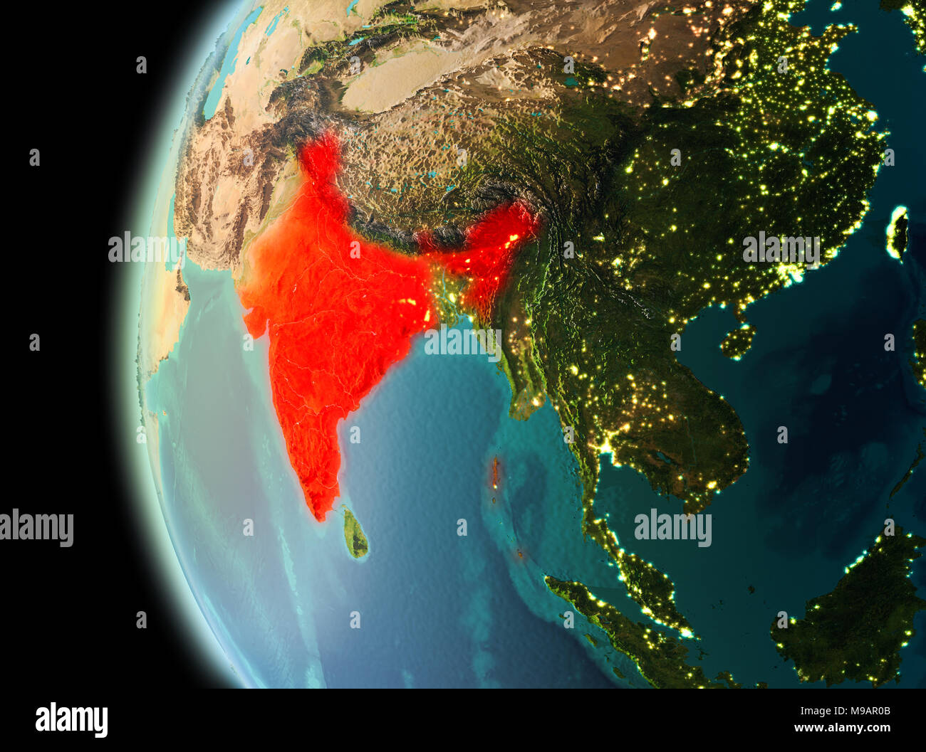 Illustration of India as seen from Earth’s orbit in late evening. 3D ...