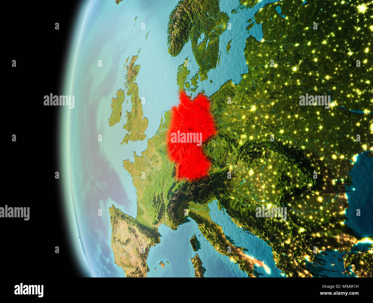 Illustration of Germany as seen from Earth’s orbit in late evening. 3D ...