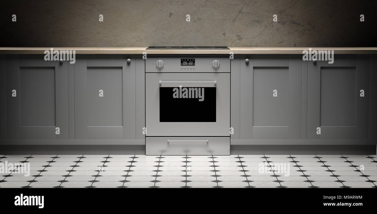 Kitchen cabinets and eletric stove on ceramic tiles floor and grey wall ...