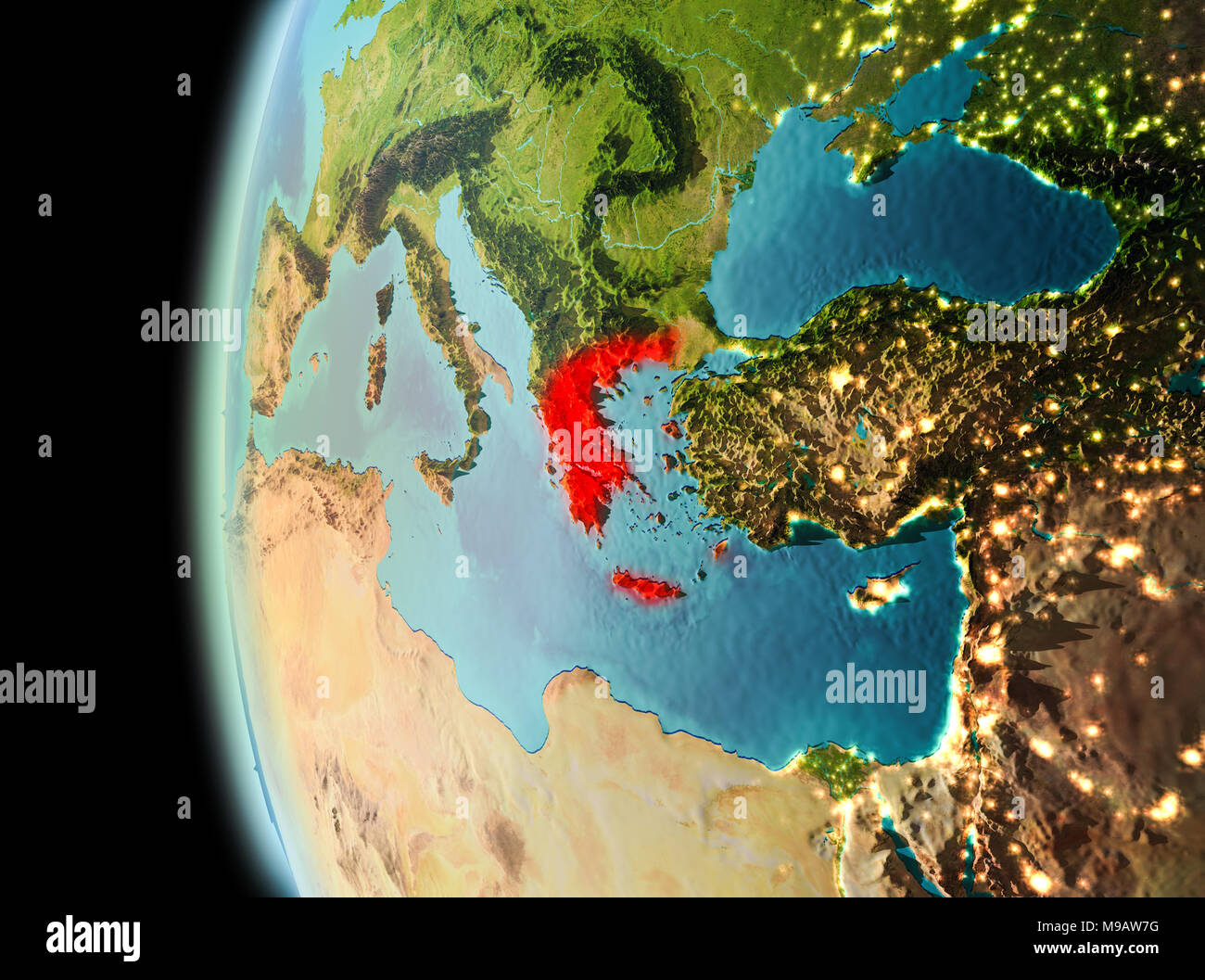 Illustration of Greece as seen from Earth’s orbit in late evening. 3D ...