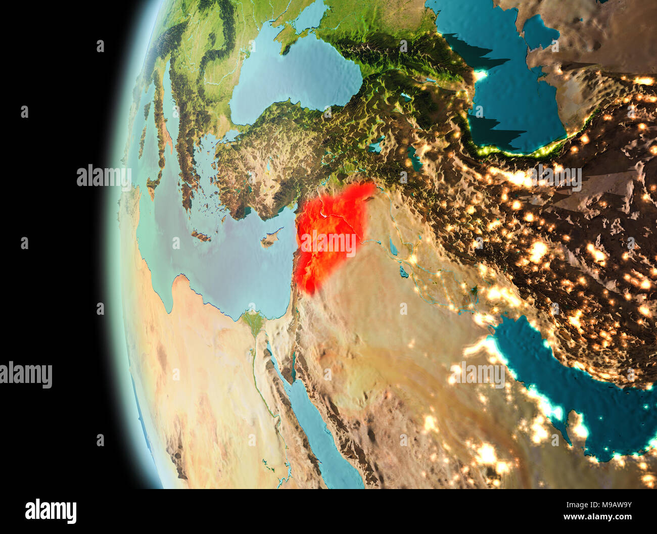 Illustration of Syria as seen from Earth’s orbit in late evening. 3D ...