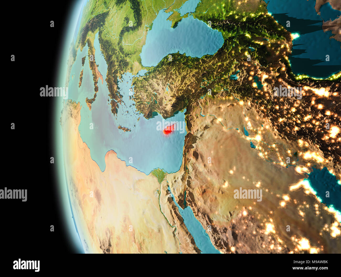 Illustration of Cyprus as seen from Earth’s orbit in late evening. 3D ...