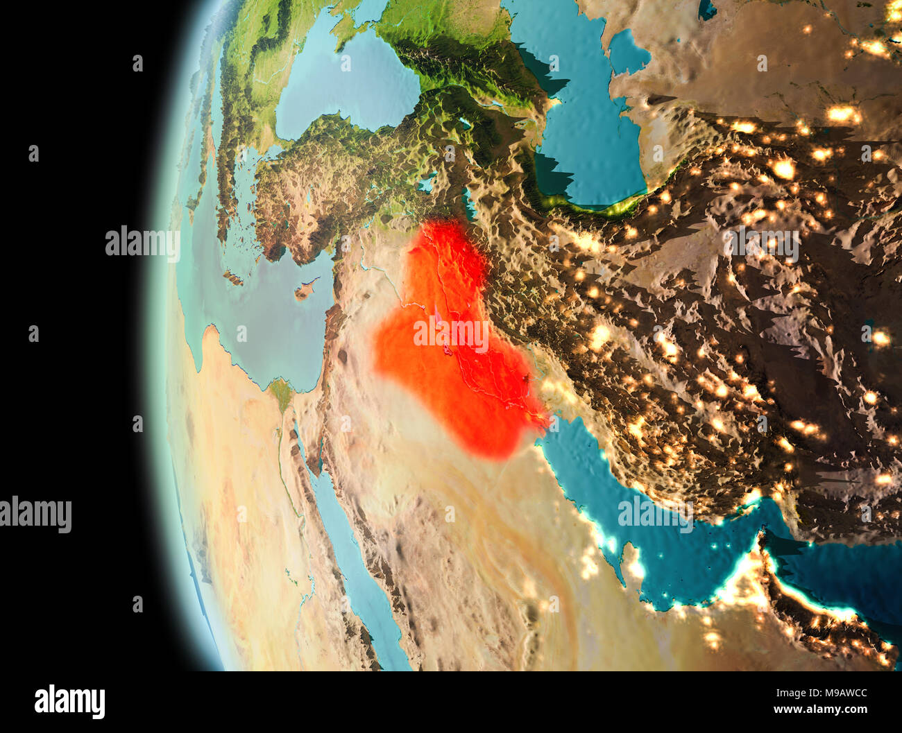 Illustration of Iraq as seen from Earth’s orbit in late evening. 3D ...