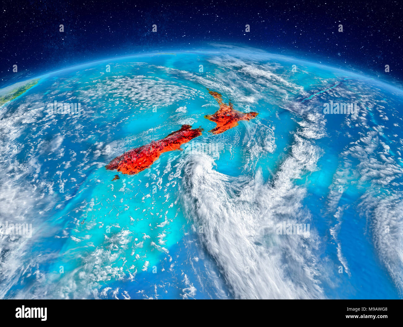 Orbit view of New Zealand highlighted in red on planet Earth with ...