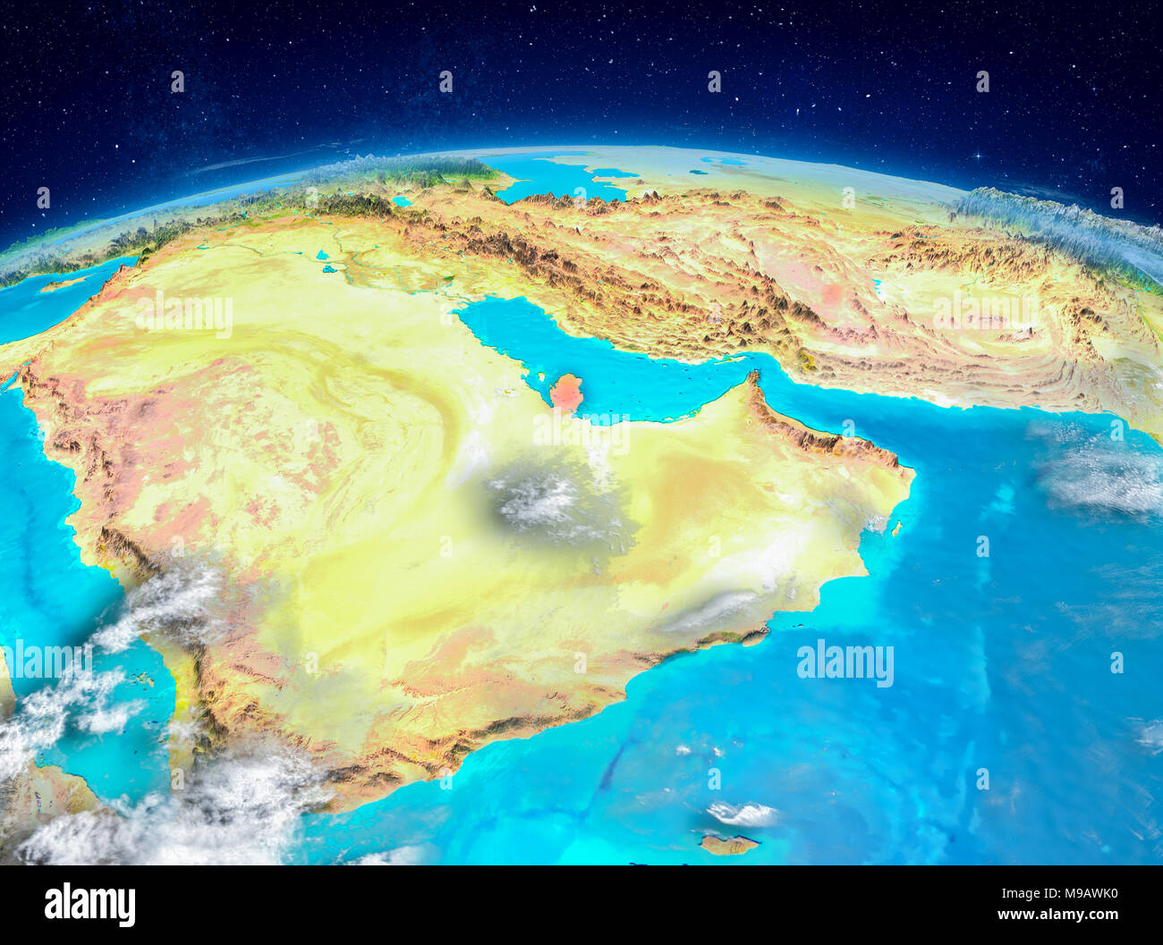 Orbit view of Qatar highlighted in red on planet Earth with highly ...