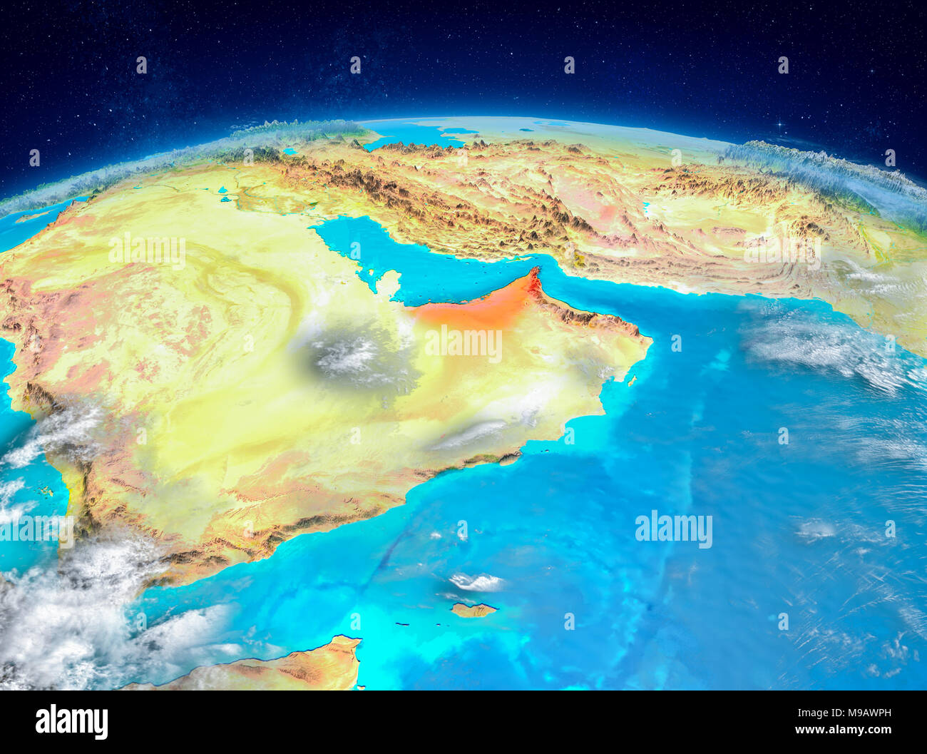 Orbit view of United Arab Emirates highlighted in red on planet Earth ...
