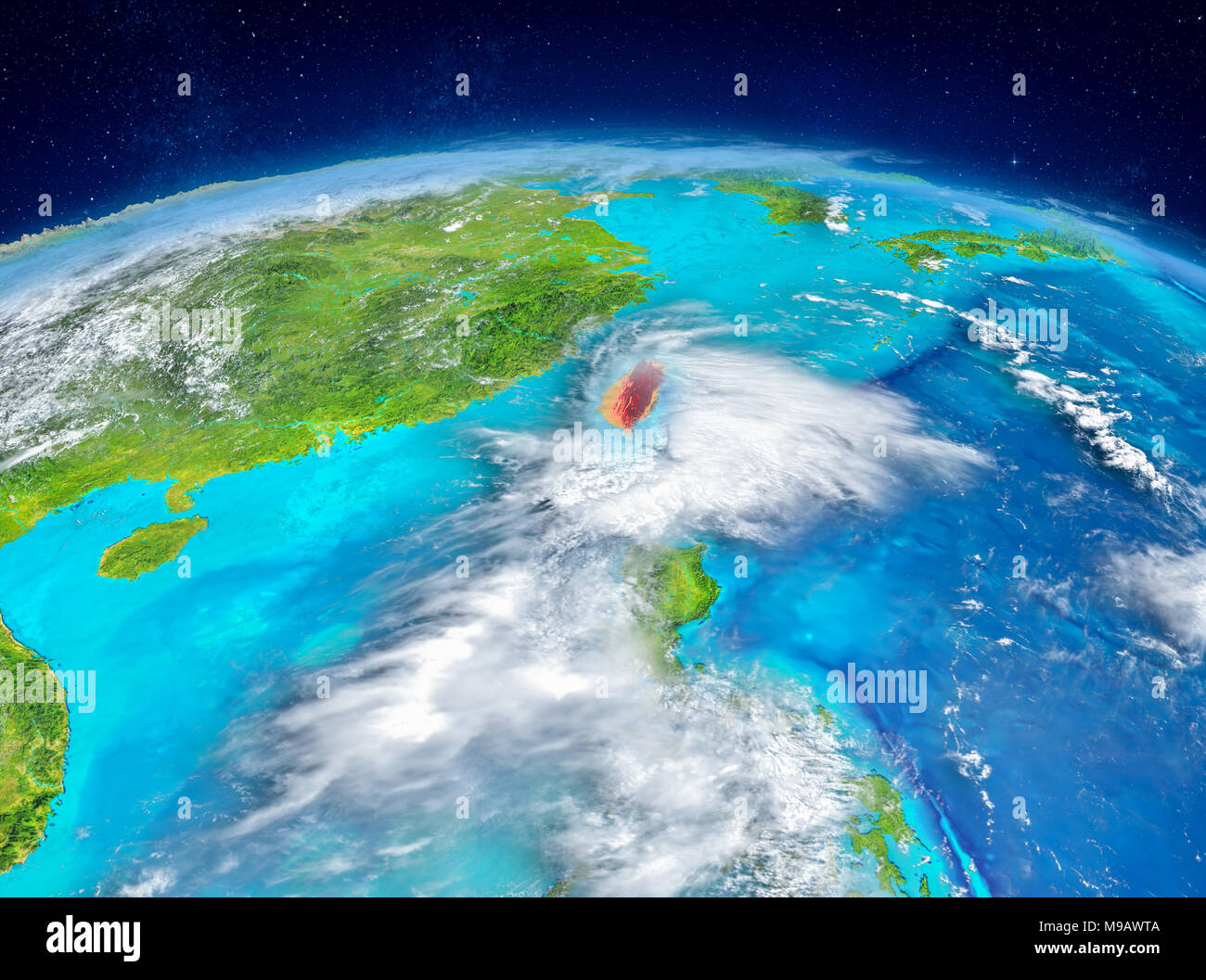 Orbit view of Taiwan highlighted in red on planet Earth with highly ...