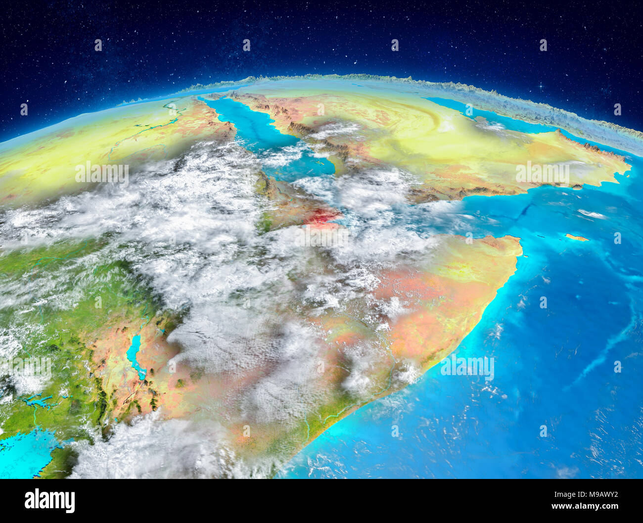 Orbit view of Djibouti highlighted in red on planet Earth with highly ...